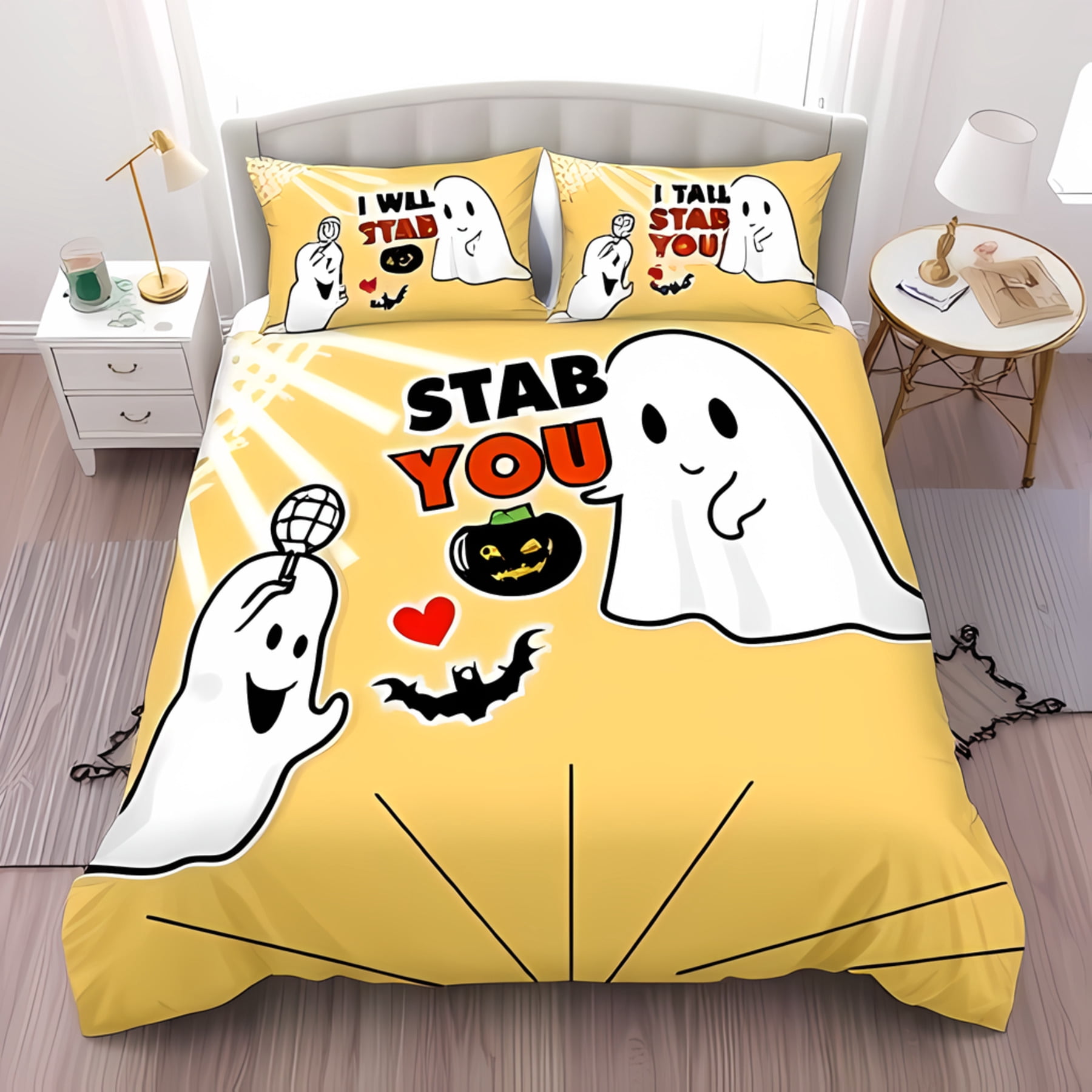 3-Piece Whimsical Ghost Duvet Cover Set - Bright Yellow with Playful ...