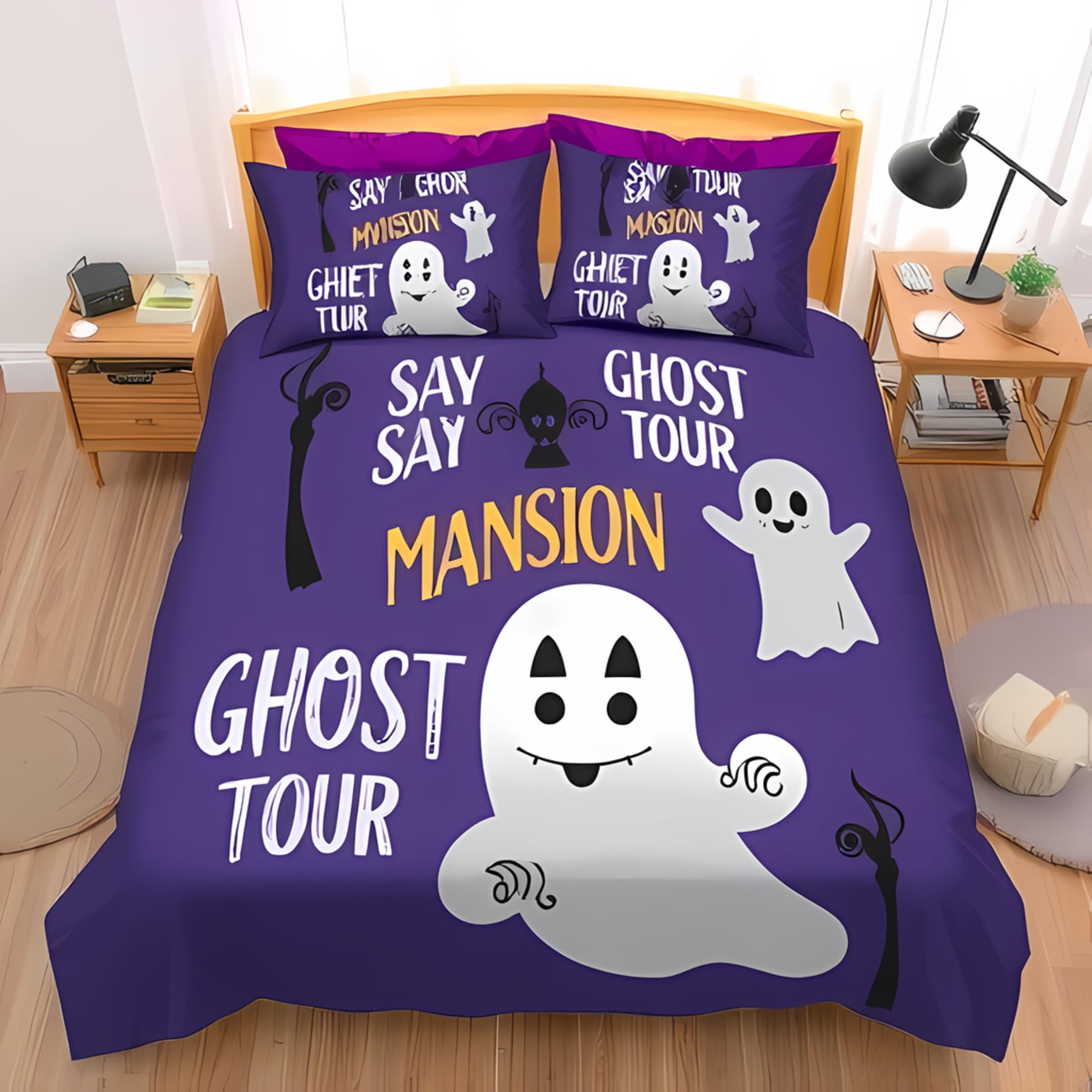 3-Piece Whimsical Halloween Duvet Cover Set - Fun Ghost Tour Mansion ...