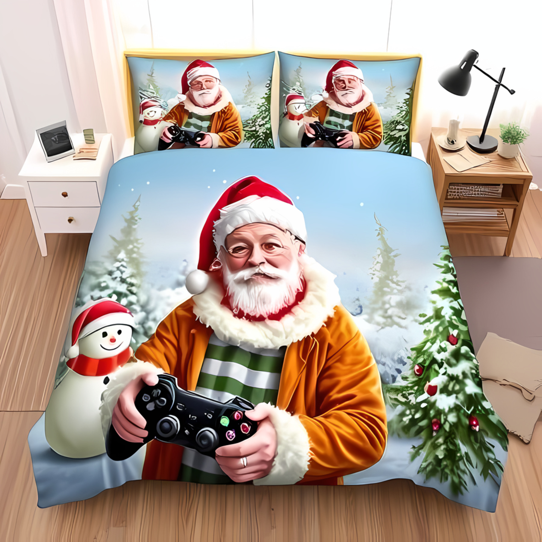 3-Piece Whimsical Holiday Duvet Cover Set - Jolly Santa with Gaming ...