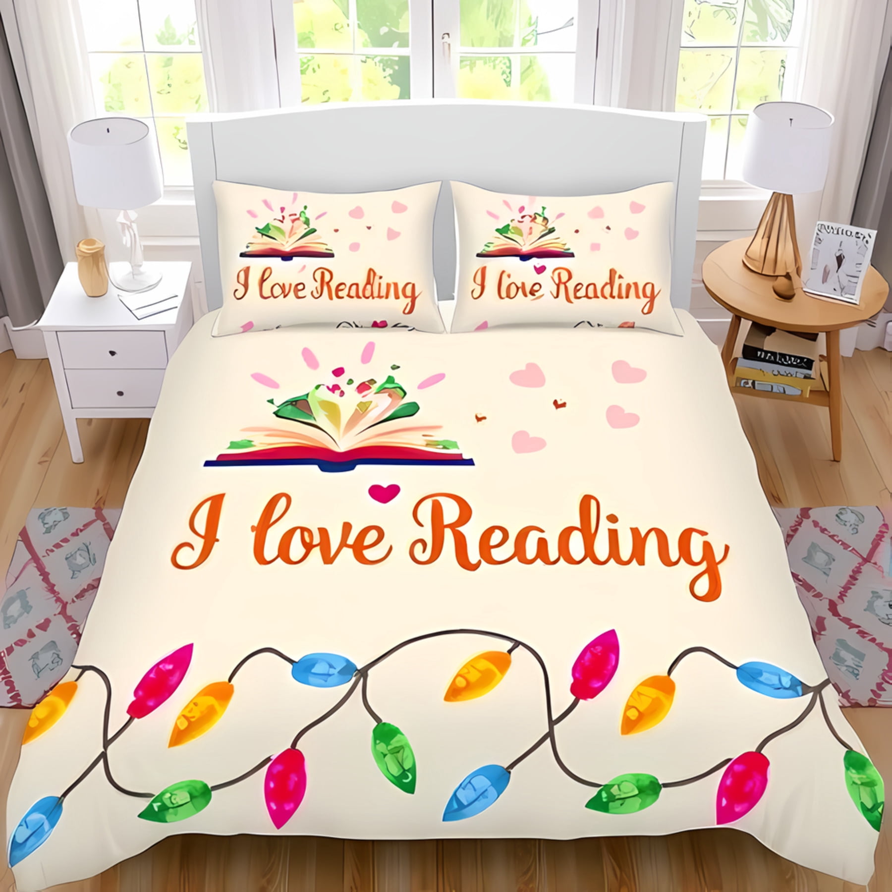 3-Piece Whimsical Reading Themed Duvet Cover Set with Colorful Flowers ...