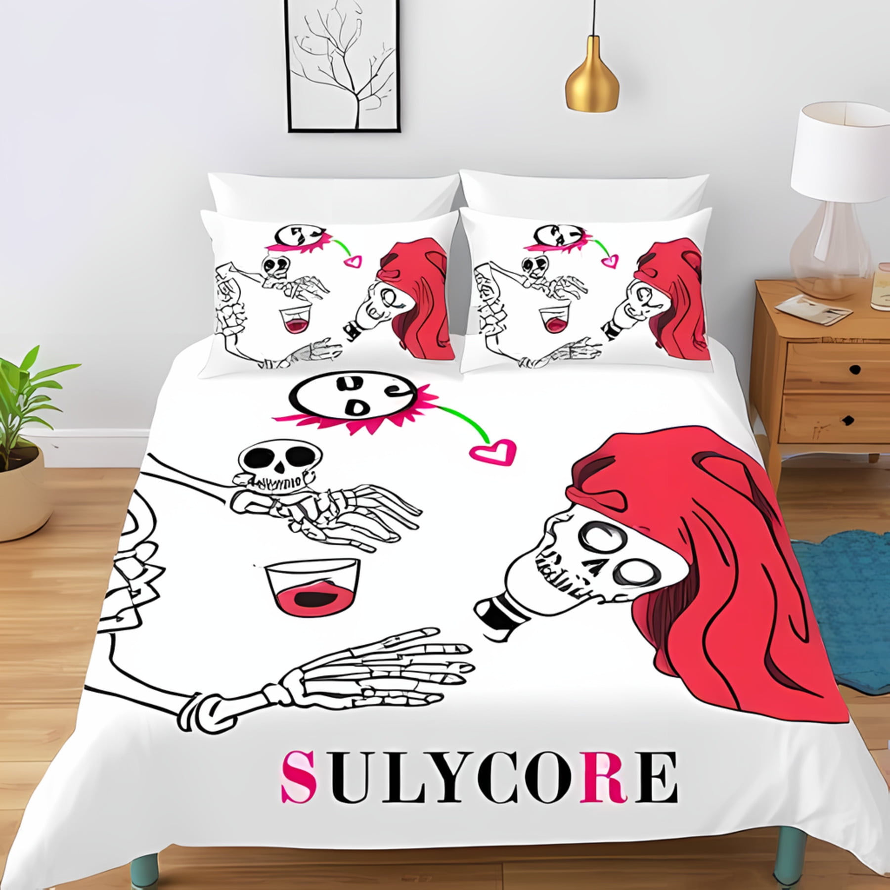 3-Piece Whimsical Skeleton Duvet Cover Set with Red Cloaks - Dark Humor ...
