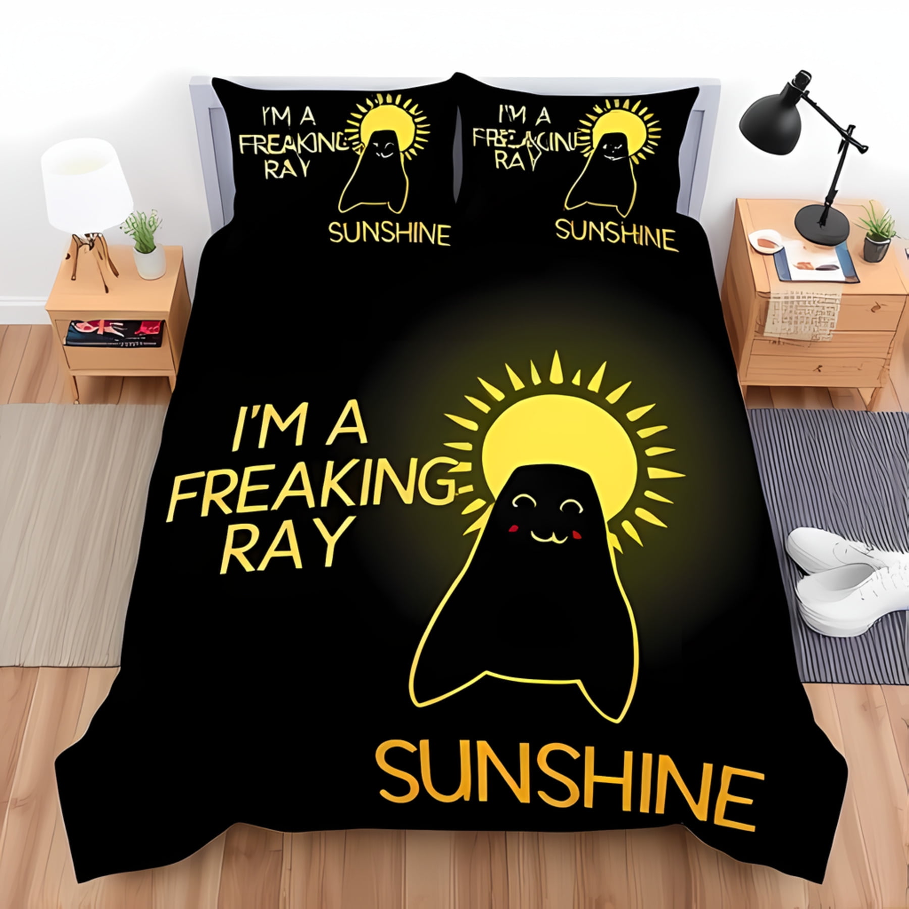 3-Piece Whimsical Sunshine Duvet Cover Set - Black with Cartoon Sun ...