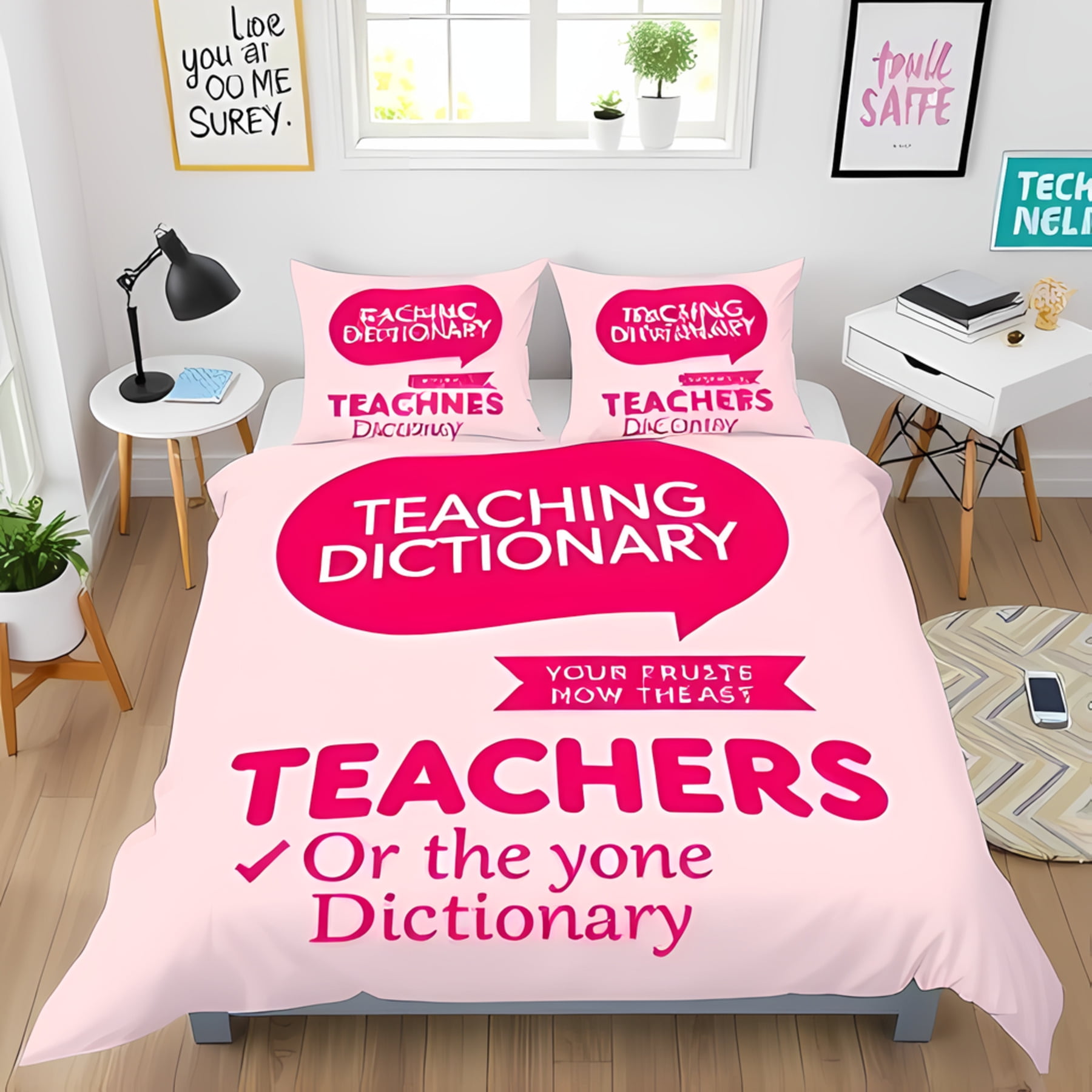 3-Piece Whimsical Teaching Dictionary Duvet Cover Set - Bright Pink ...