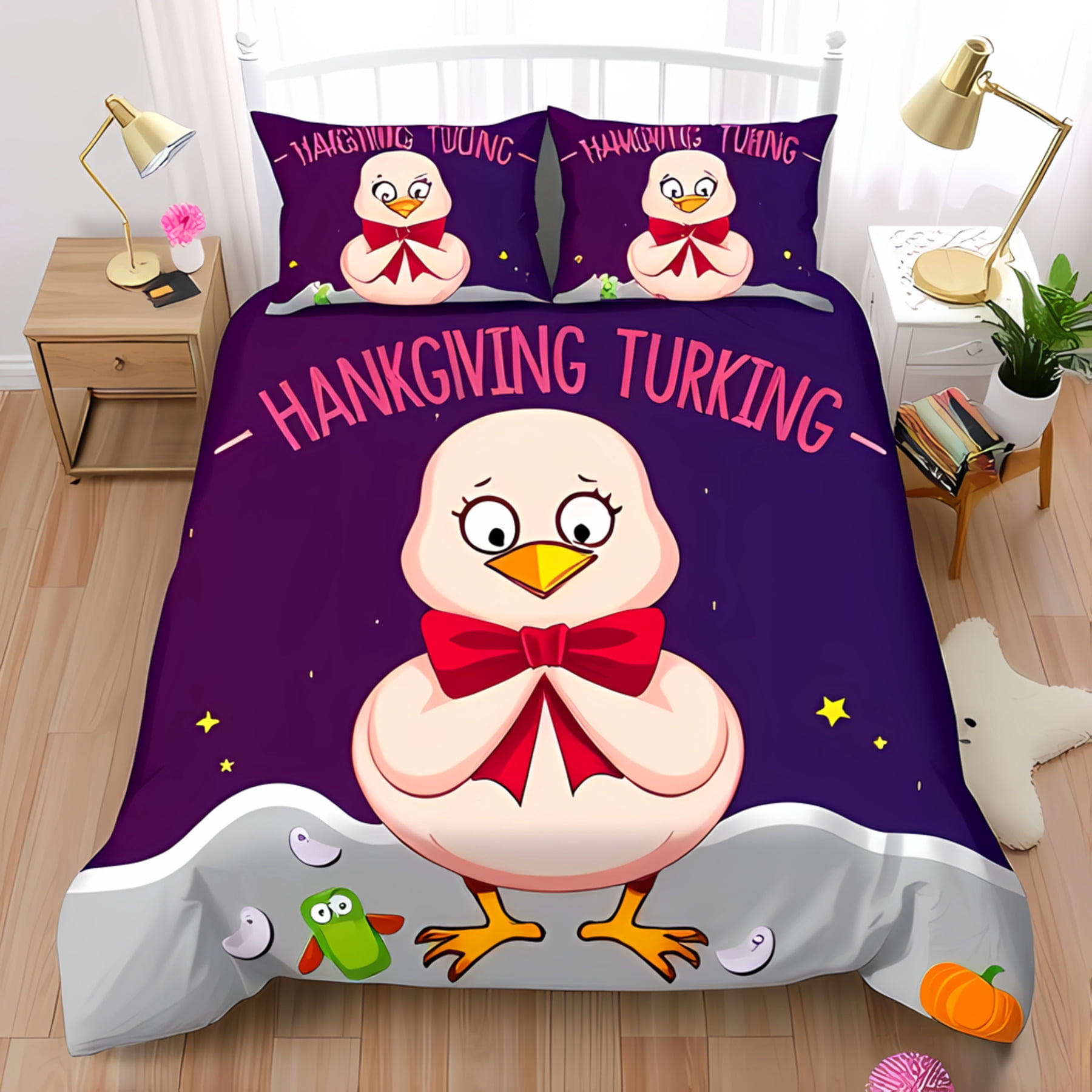 3-Piece Whimsical Turkey Duvet Cover Set - Cheerful Cartoon Design for ...