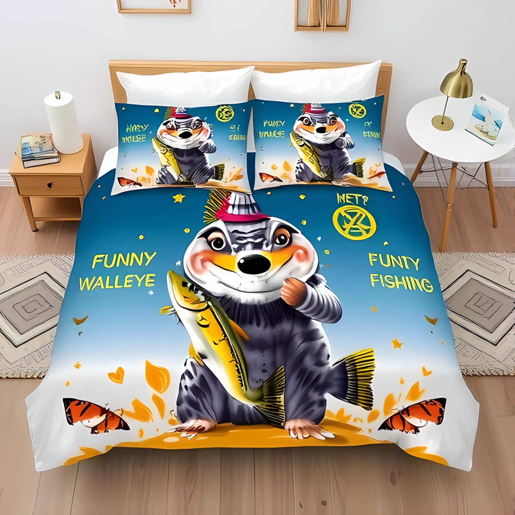 3-Piece Whimsical Walleye Fish Duvet Cover Set with Cartoon Character ...