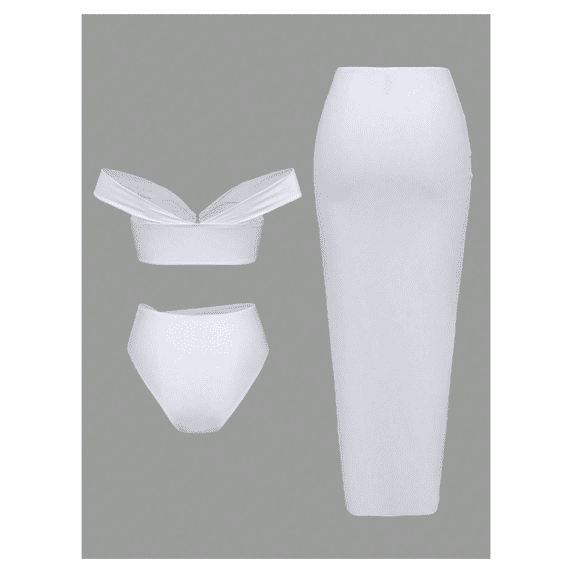 3 Piece White Bikini Set with Gold Starfish Detail Off Shoulder Bandeau ...