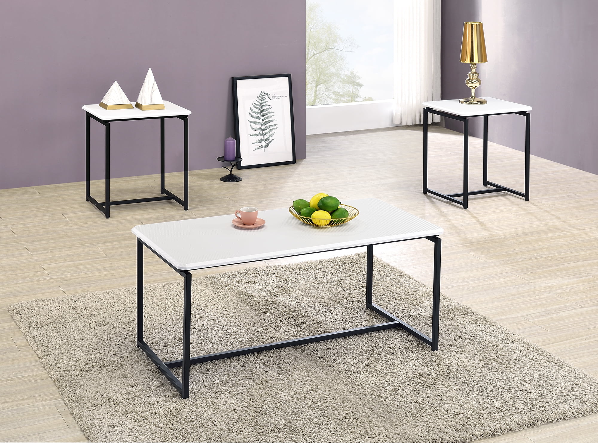 3-Piece White Carbon Fiber Coffee Table Set with End Tables for Living ...