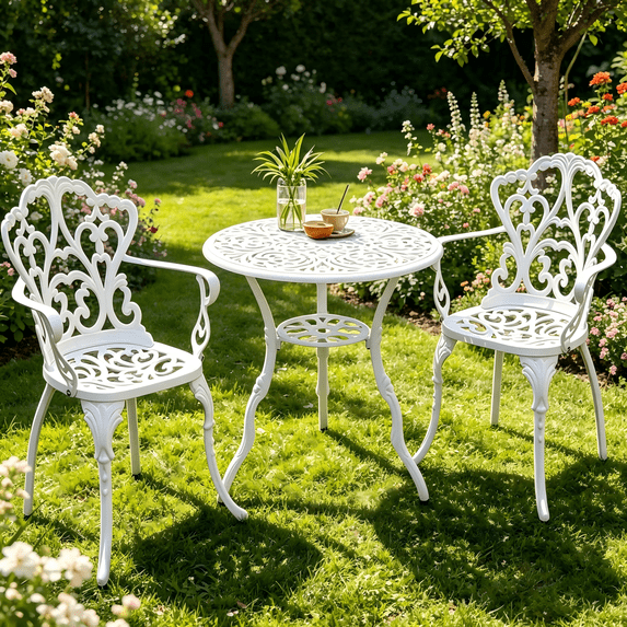 3-Piece White Cast Aluminum Patio Bistro Set, All-Weather Outdoor Round ...