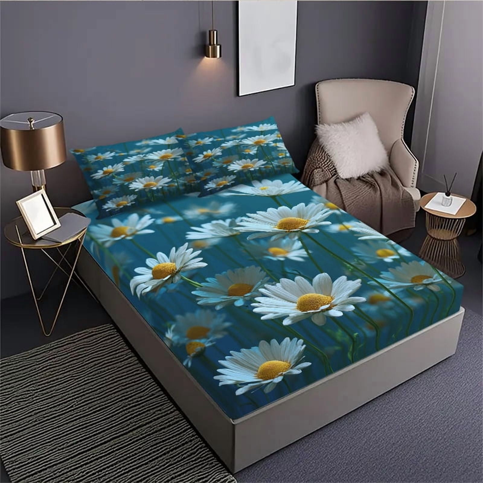 3-Piece White Daisies Dance Print Bed Sheet Set - Ultra Soft Fitted ...