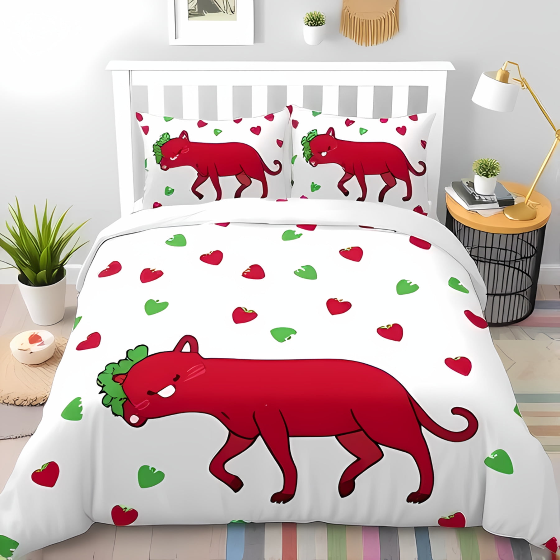 3-Piece White Duvet Cover Set with Whimsical Red Cartoon Animals ...