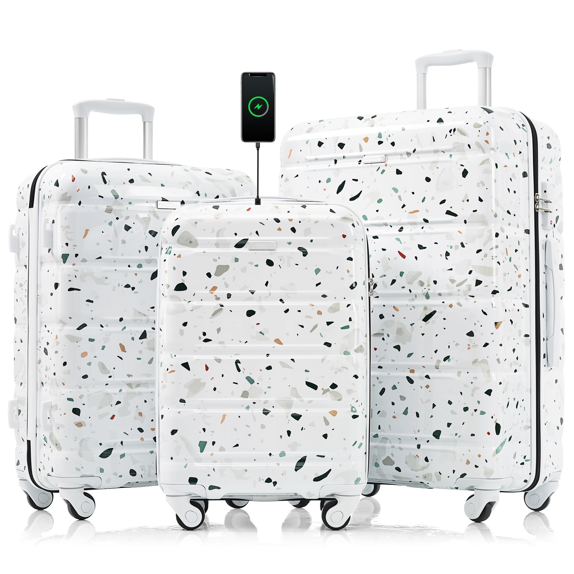 3-Piece White Luggage Set with USB Port - 20" Airline Approved Carry-On ...
