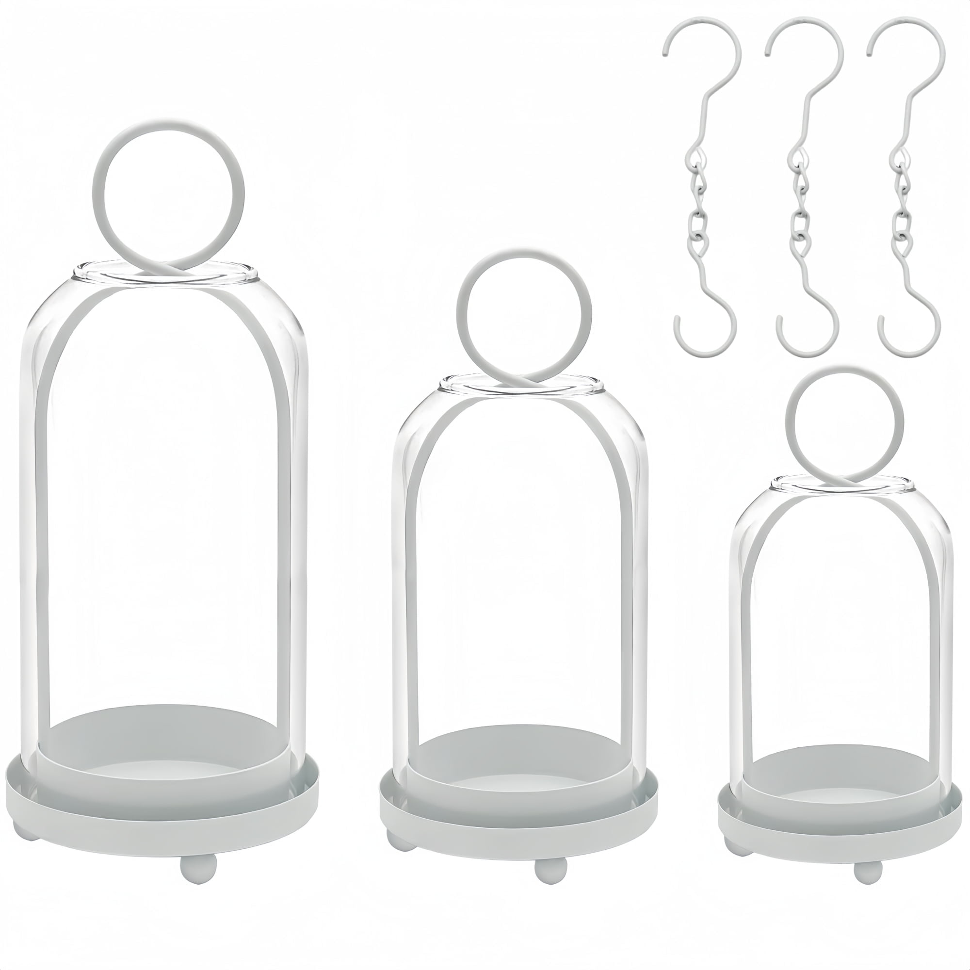 3-Piece White Metal Hurricane Candle Holders with Glass Domes ...