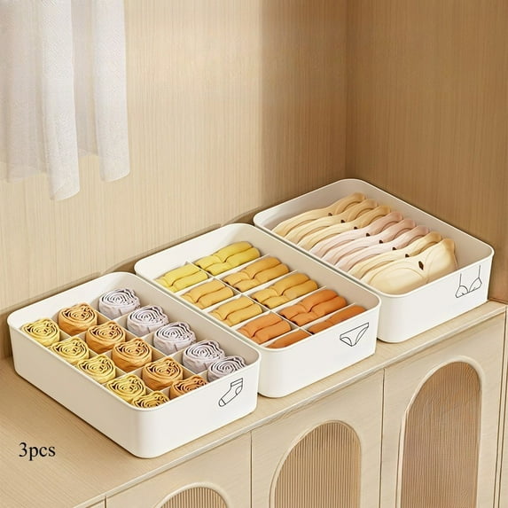 3-Piece White Plastic Underwear & Sock Organizer, 10/15 Grid Drawer ...