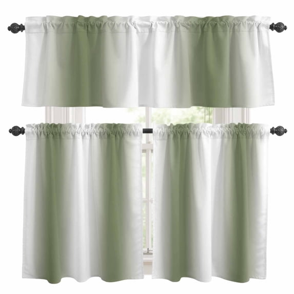 3 Piece White Seaweed Green Gradient Kitchen Curtain Valance and Tiers ...