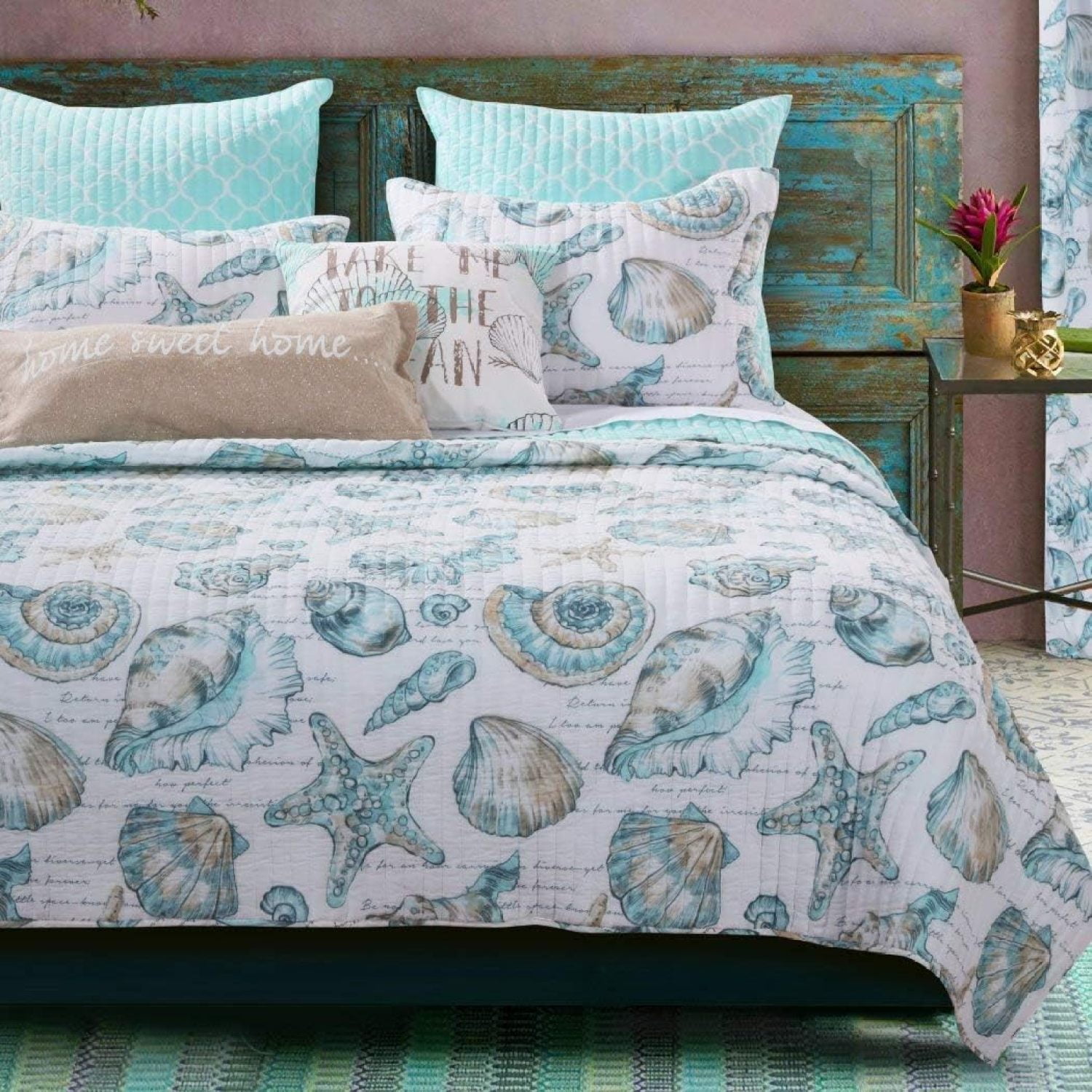 Barbara Bilotta 3 Piece White Teal Beach Theme Quilt Set, Full Queen ...