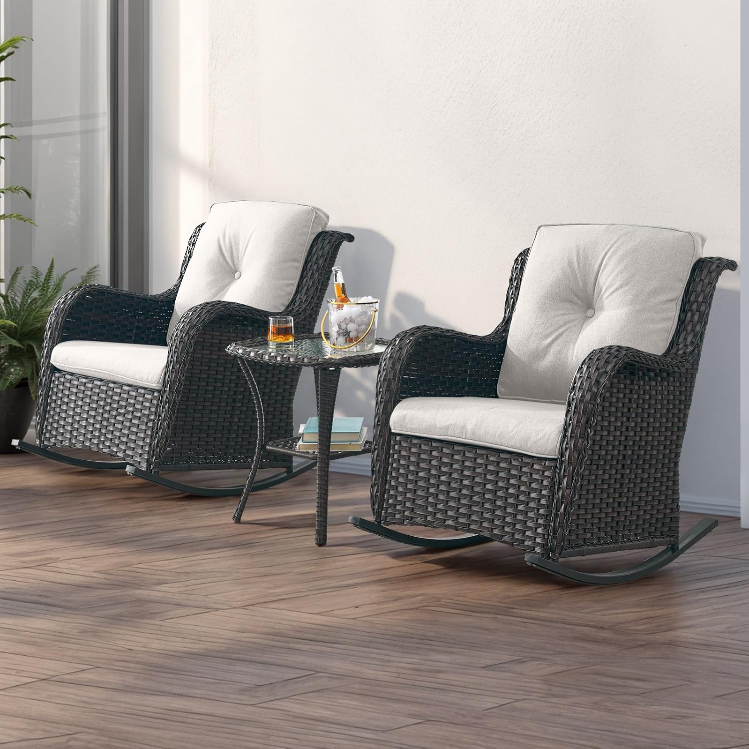 3 Piece Wicker Bistro Set with Rocking Chairs and Side Table (Brown ...