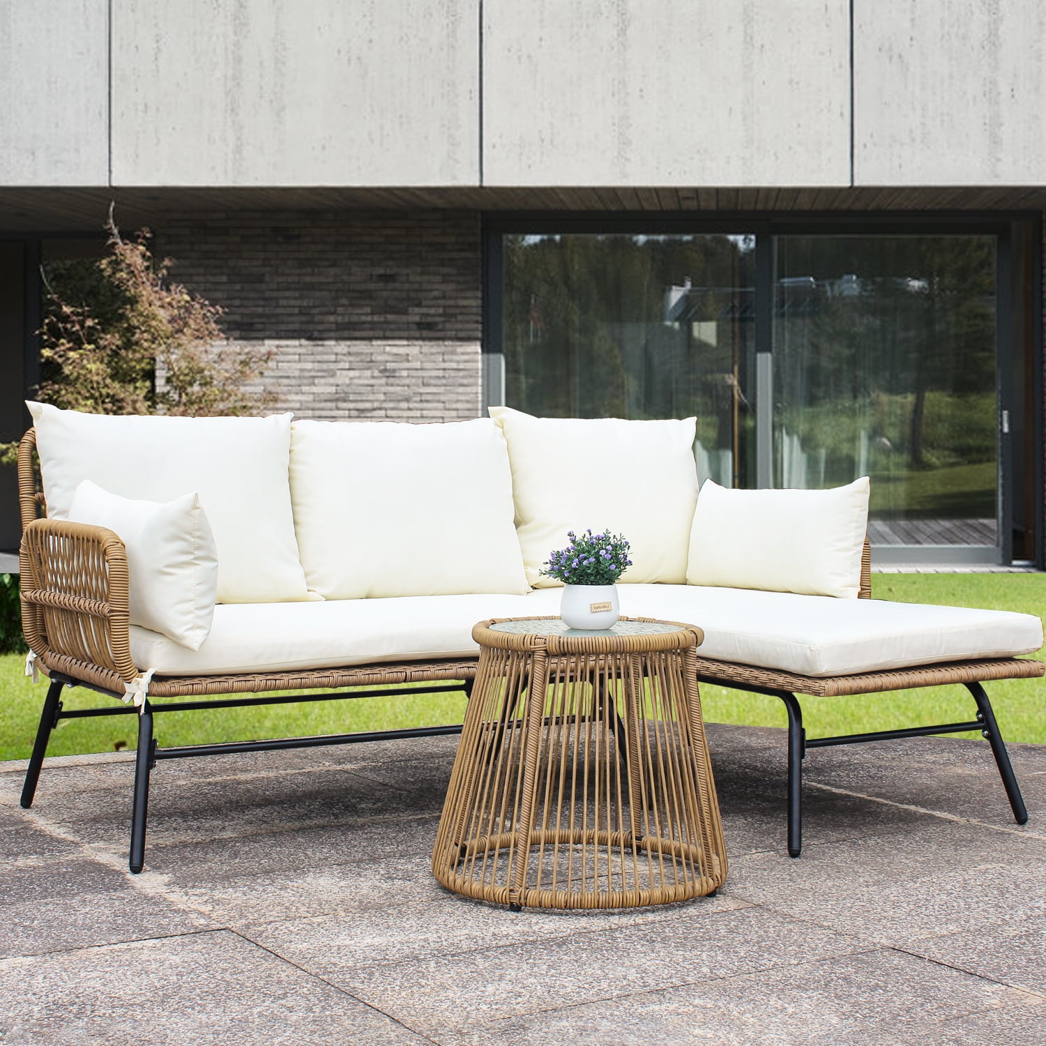 3 Piece Wicker Patio Sets, Outdoor Sofa Set with Cushions, Natural ...