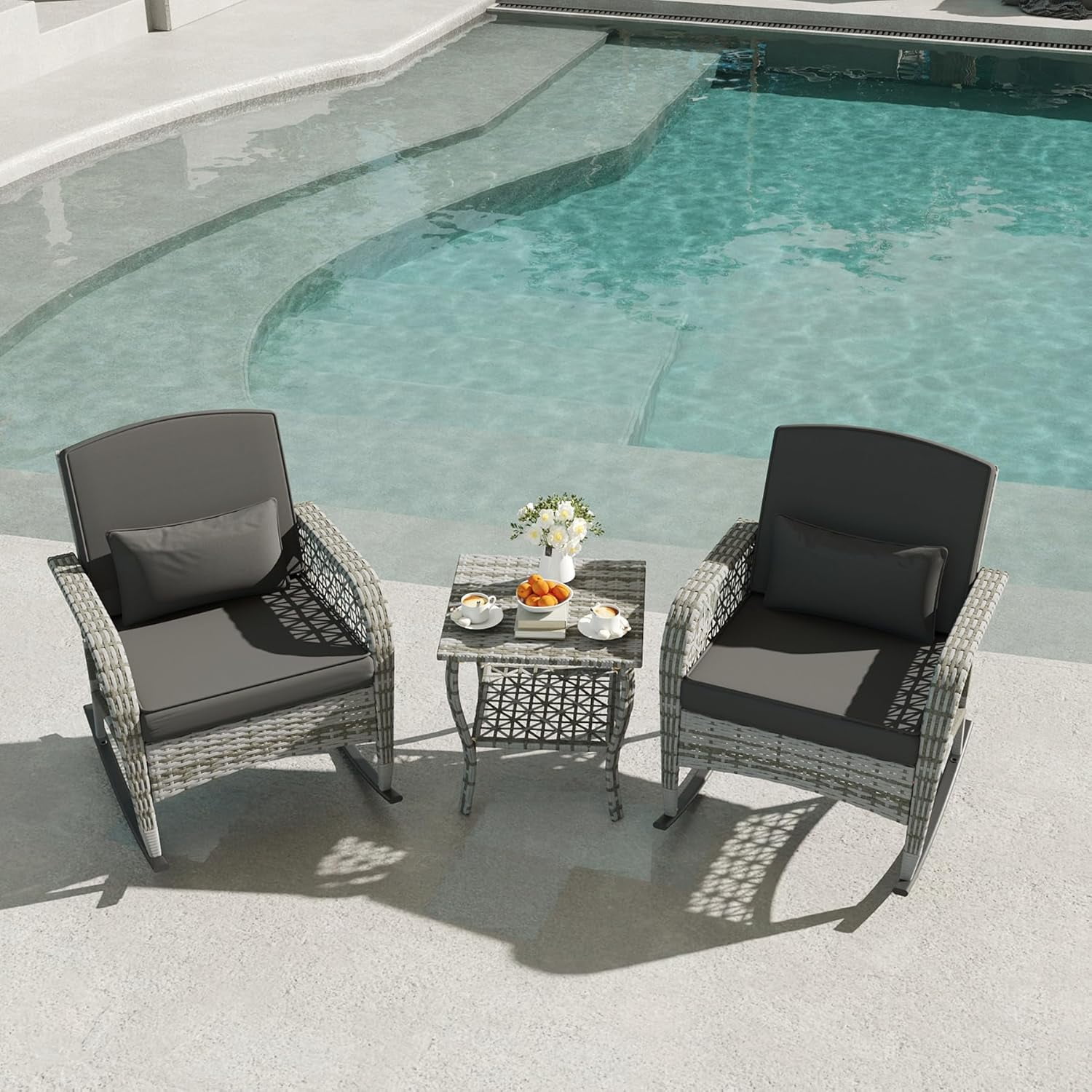 3 Piece Wicker Rocking Chair Set, Patio Rattan Rocker Chair, PE Rattan ...