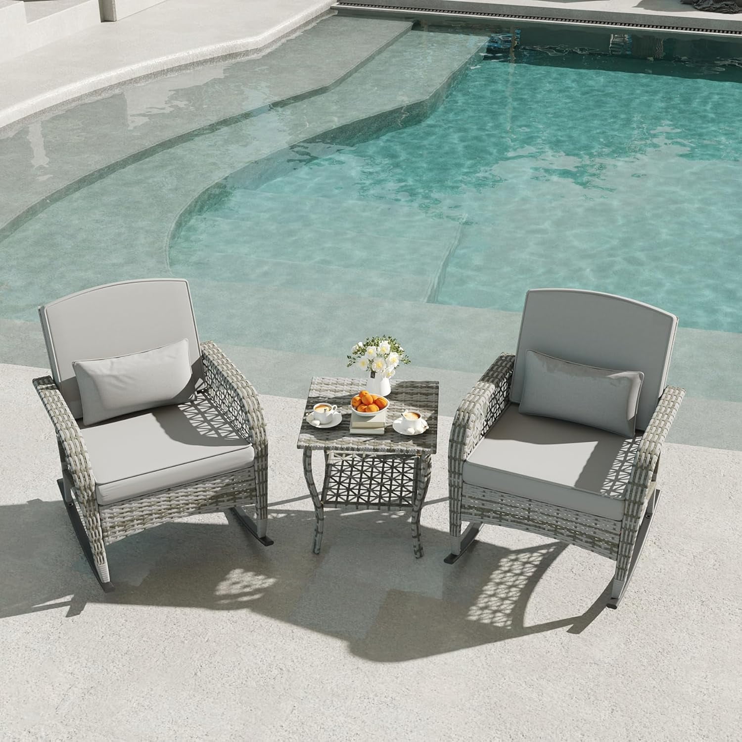 3 Piece Wicker Rocking Chair Set, Patio Rattan Rocker Chair, PE Rattan ...