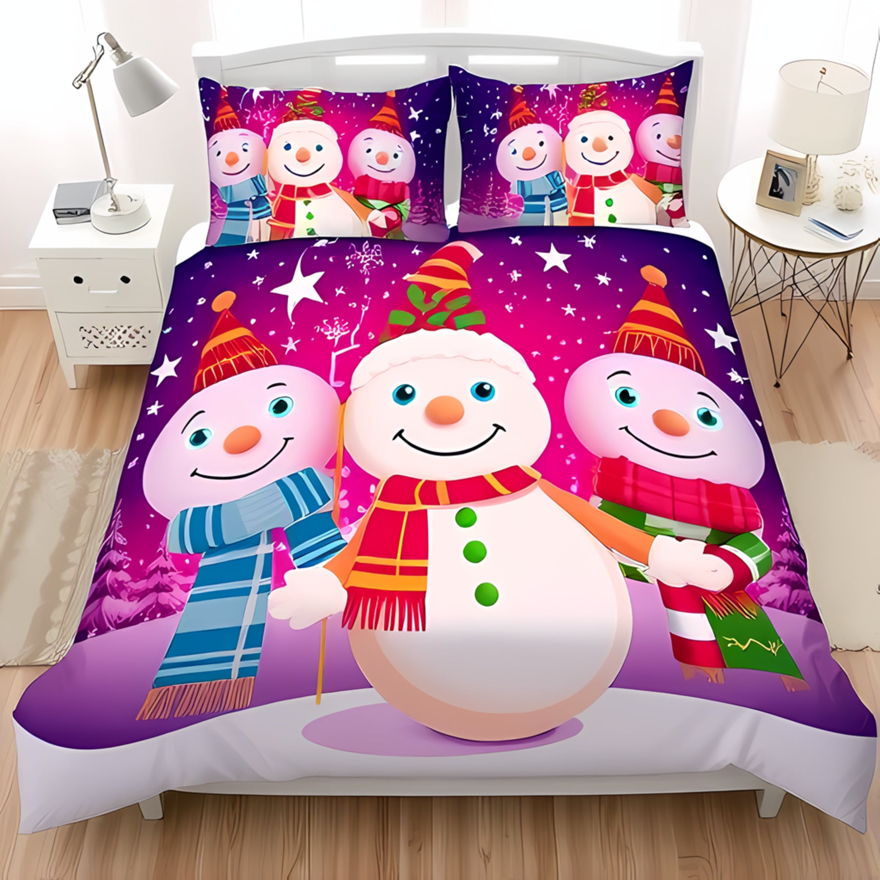 3-Piece Winter Bedding Set - Cartoon Snowmen Duvet Cover with Colorful ...