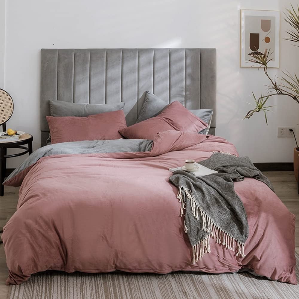 3 Piece Winter Warm Pink and Grey Reversible Solid Color Comforter ...