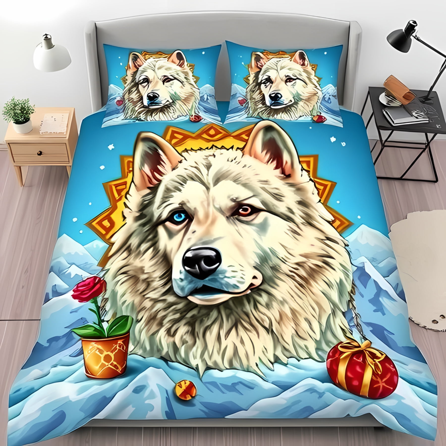 3-Piece Wolf Duvet Cover Set - Mystical Heterochromia Design with Sky ...