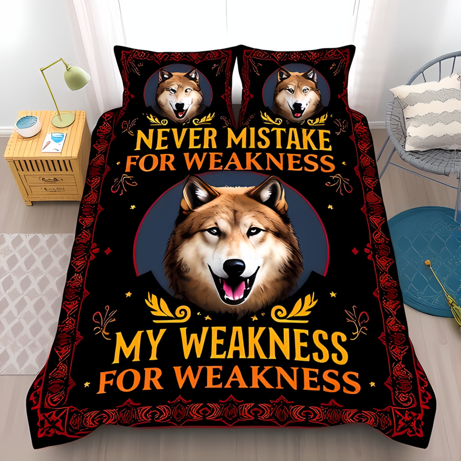 3-Piece Wolf Duvet Cover Set with Bold "Never Mistake My Weakness ...