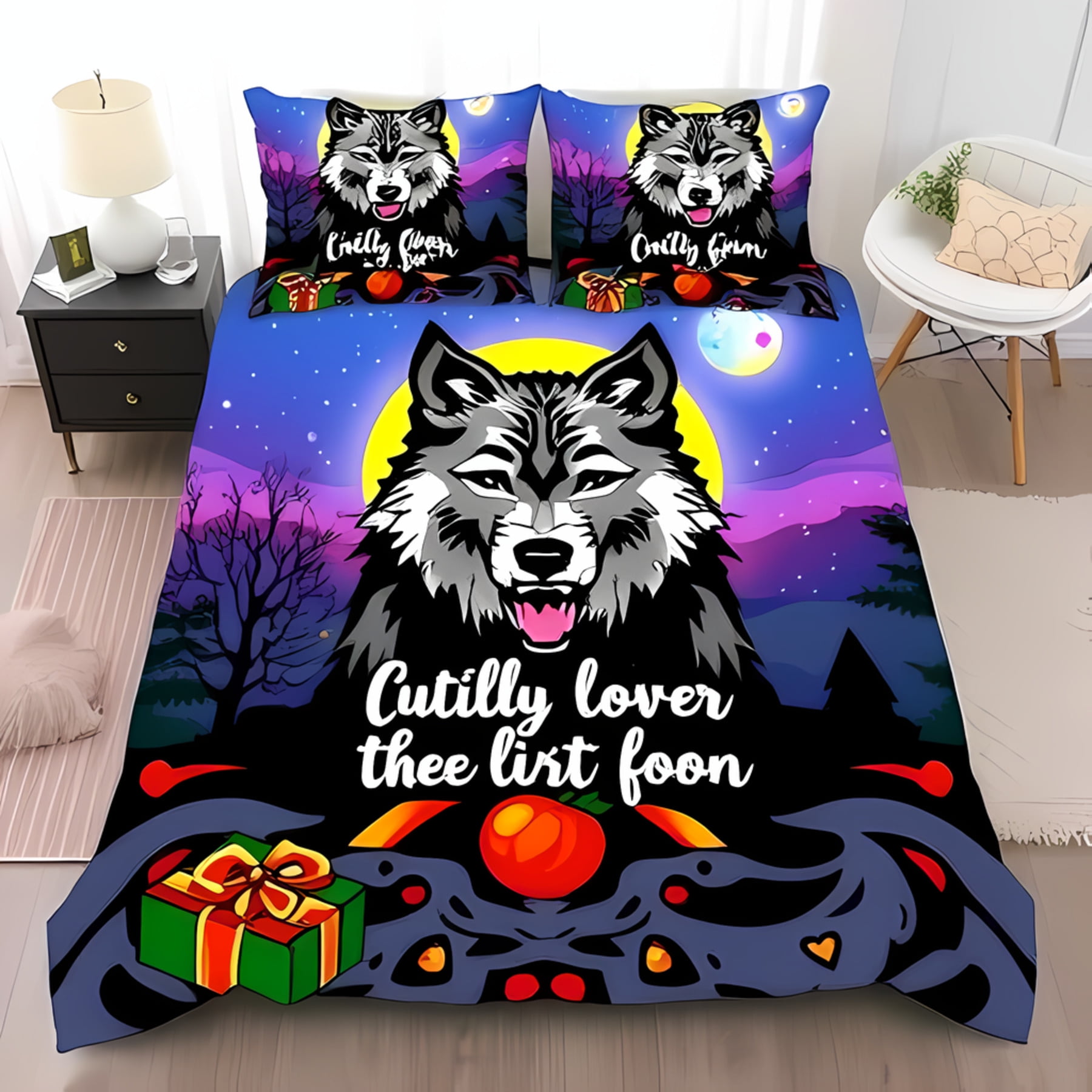 3-Piece Wolf Motif Duvet Cover Set - Vibrant Colors Whimsical Design ...