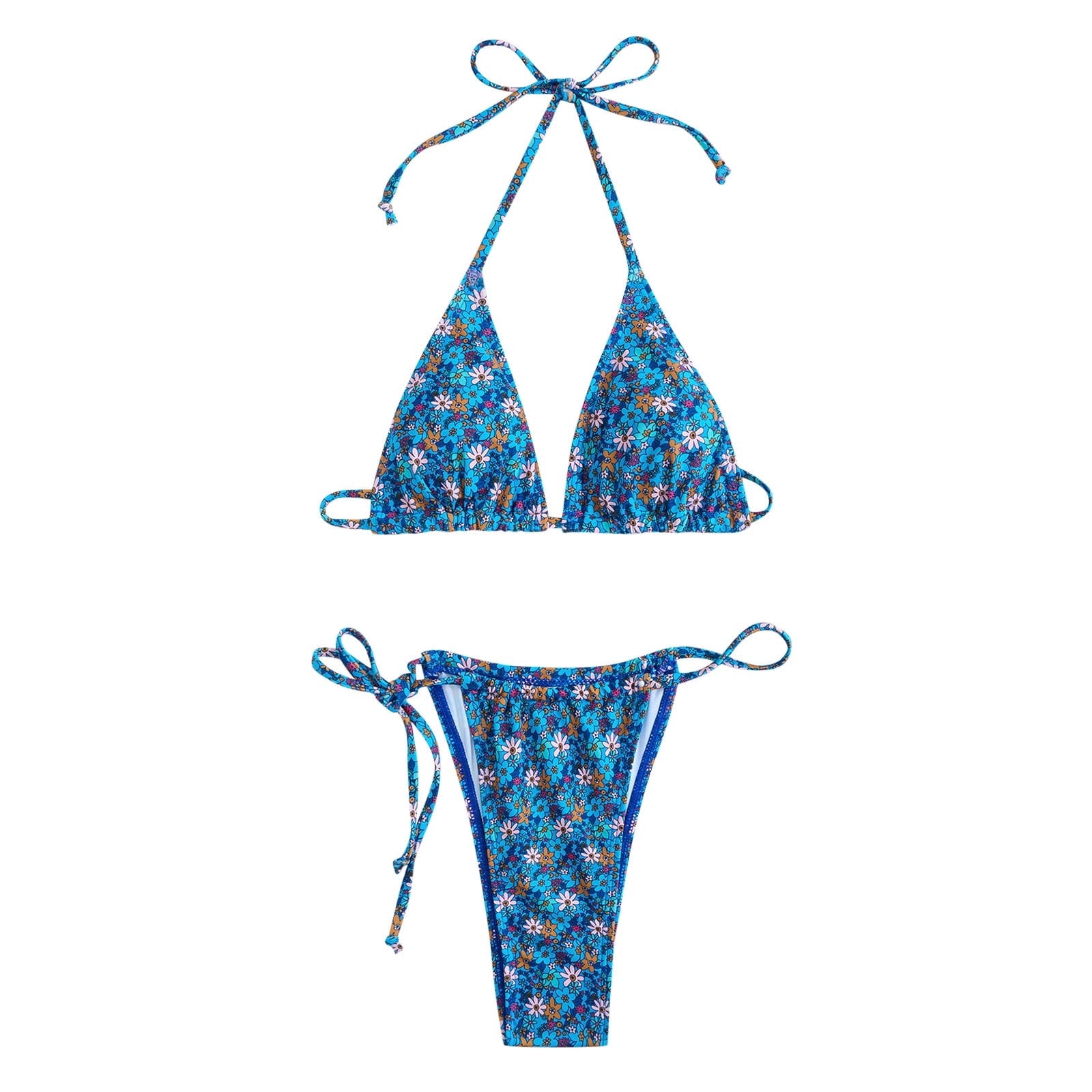 3 Piece Womens Bikini Halter Triangle Bikini Set with Thong Bottoms ...