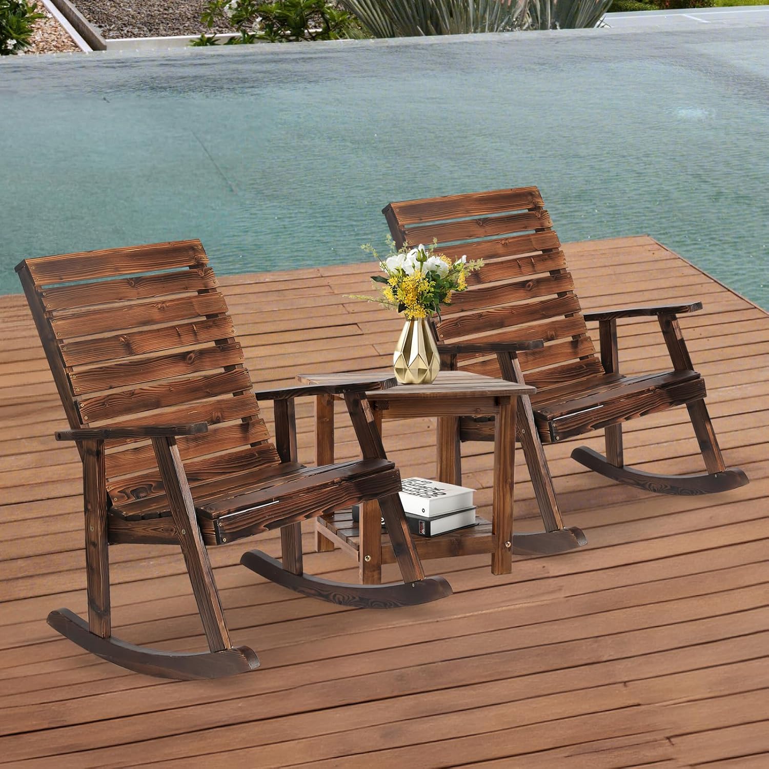 3 Piece Wood Rocking Chair with Table, Outdoor Bistro Set High Back ...