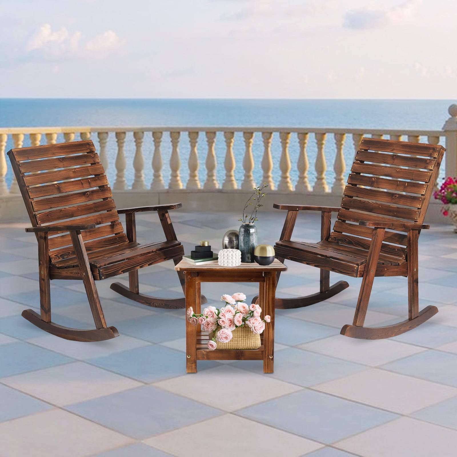 3 Piece Wood Rocking Chair with Table, Outdoor Bistro Set High Back ...