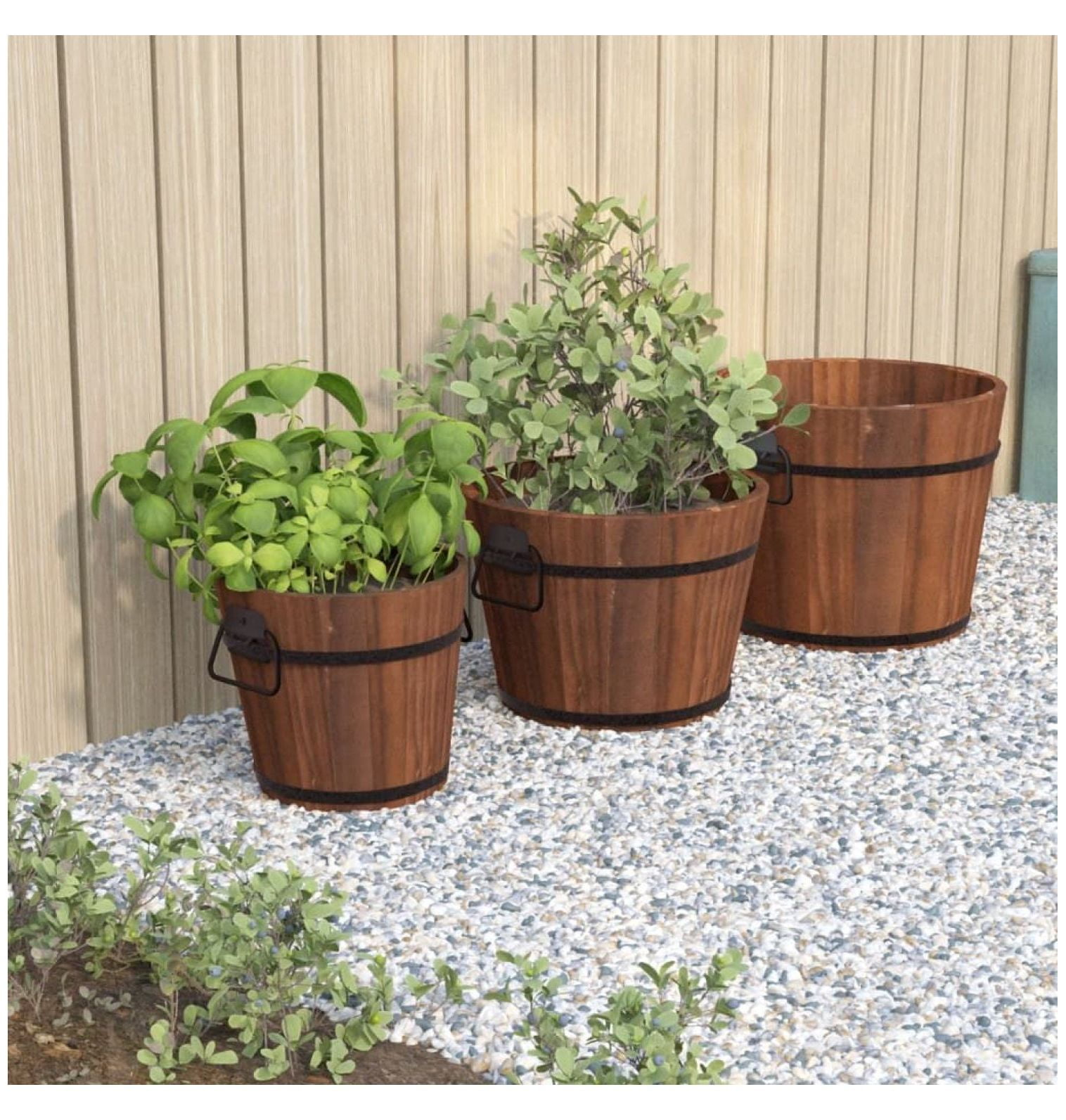 3 Piece Wooden Bucket Planter Set Solid Wood Fir Brown - Walmart.com
