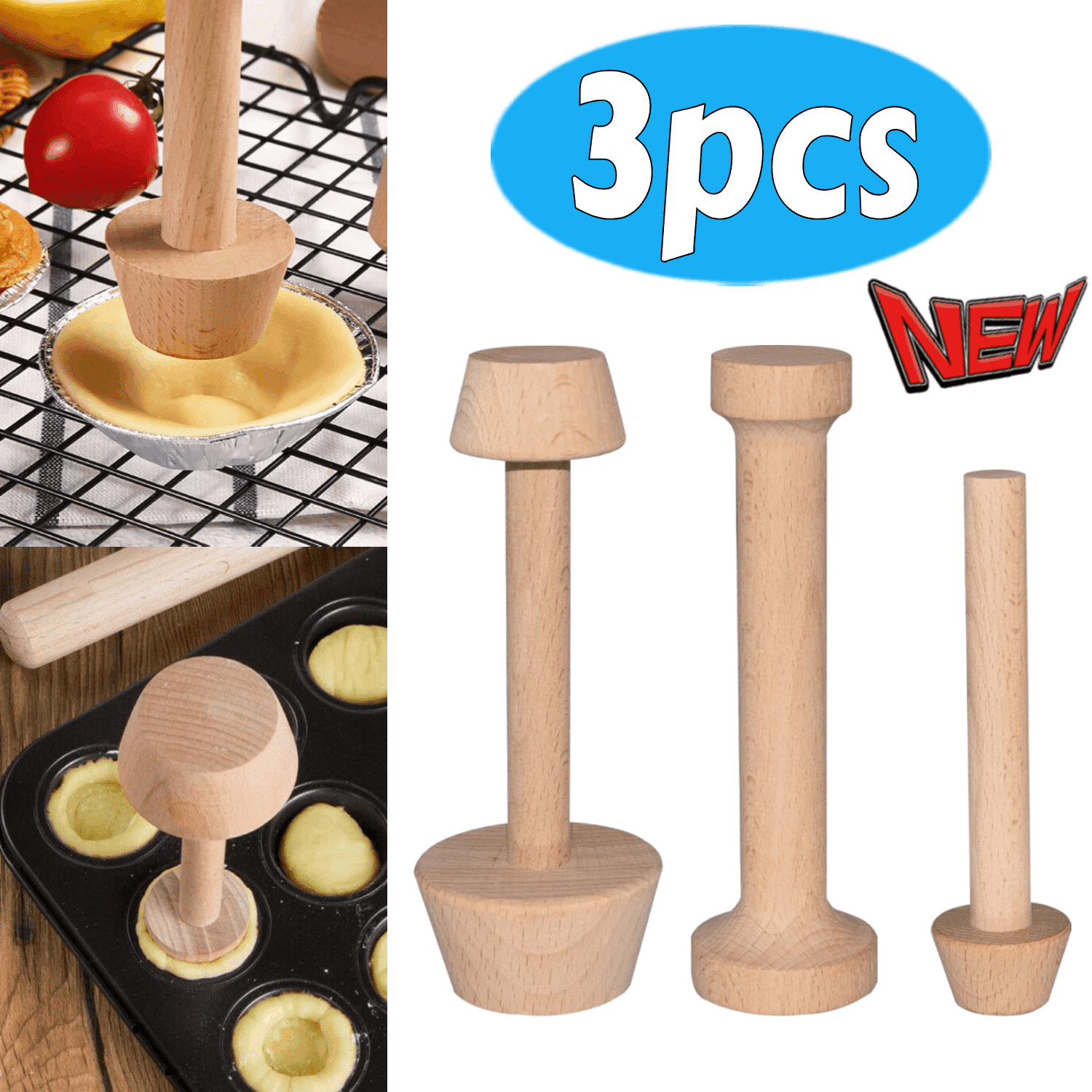 3 Piece Wooden Pastry Tamper Set, Dual-Sided Dough Press Tool for Tart ...