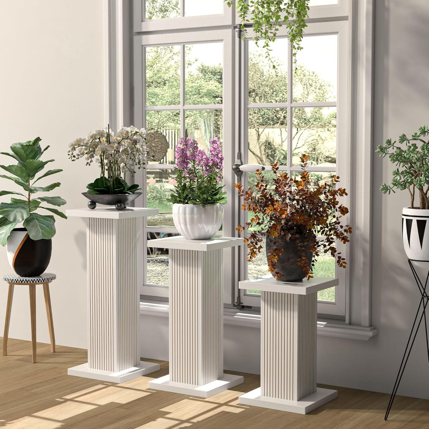 3 Piece Wooden Plant Stand, Square Pedestal Display Plant Stand with ...