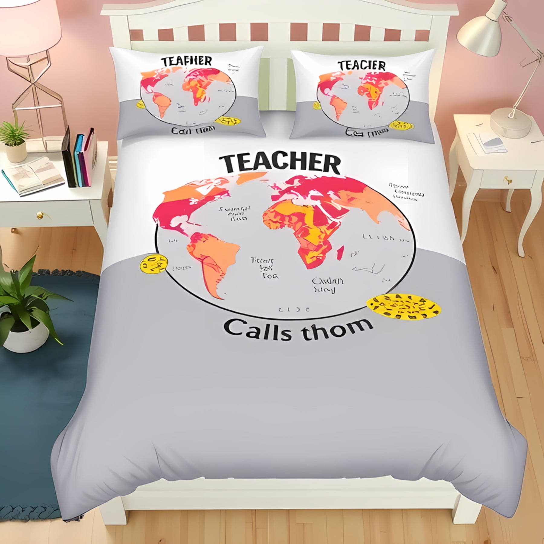 3-Piece World Map Duvet Cover Set - Colorful Continents in Red & Yellow ...