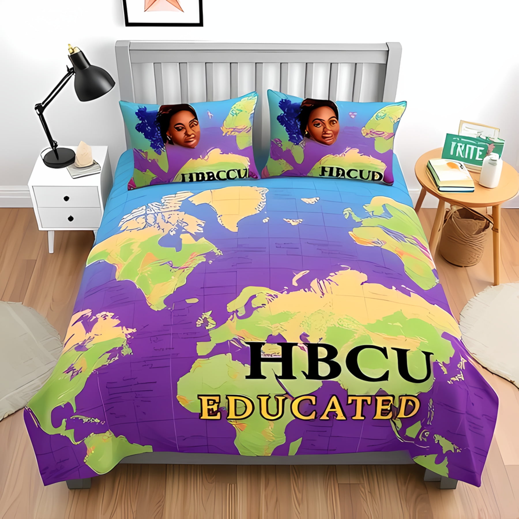 3-Piece World Map Duvet Cover Set with Purple Background & 'HBCU ...