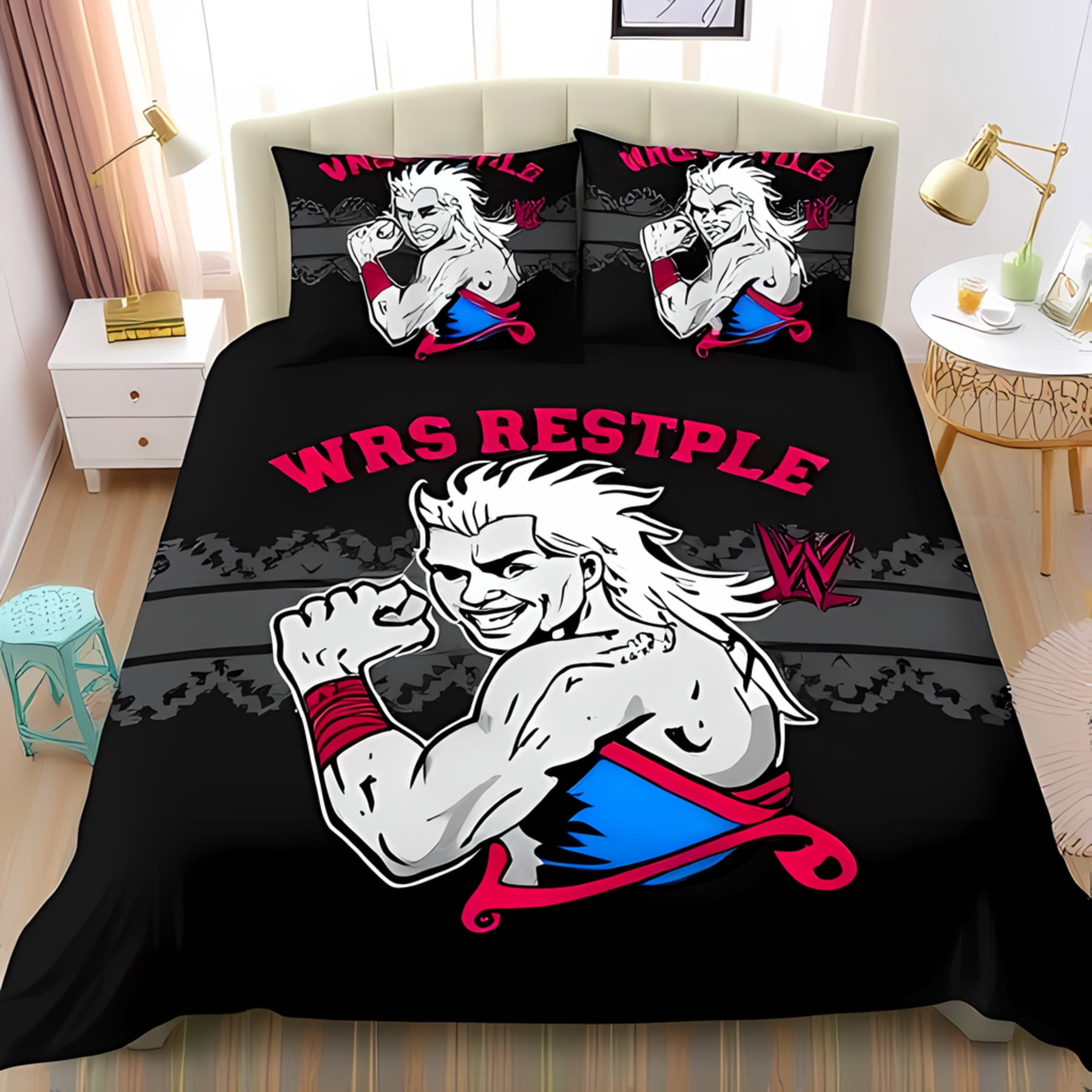 3-Piece Wrestling Duvet Cover Set - Bold Black Background with Vibrant ...