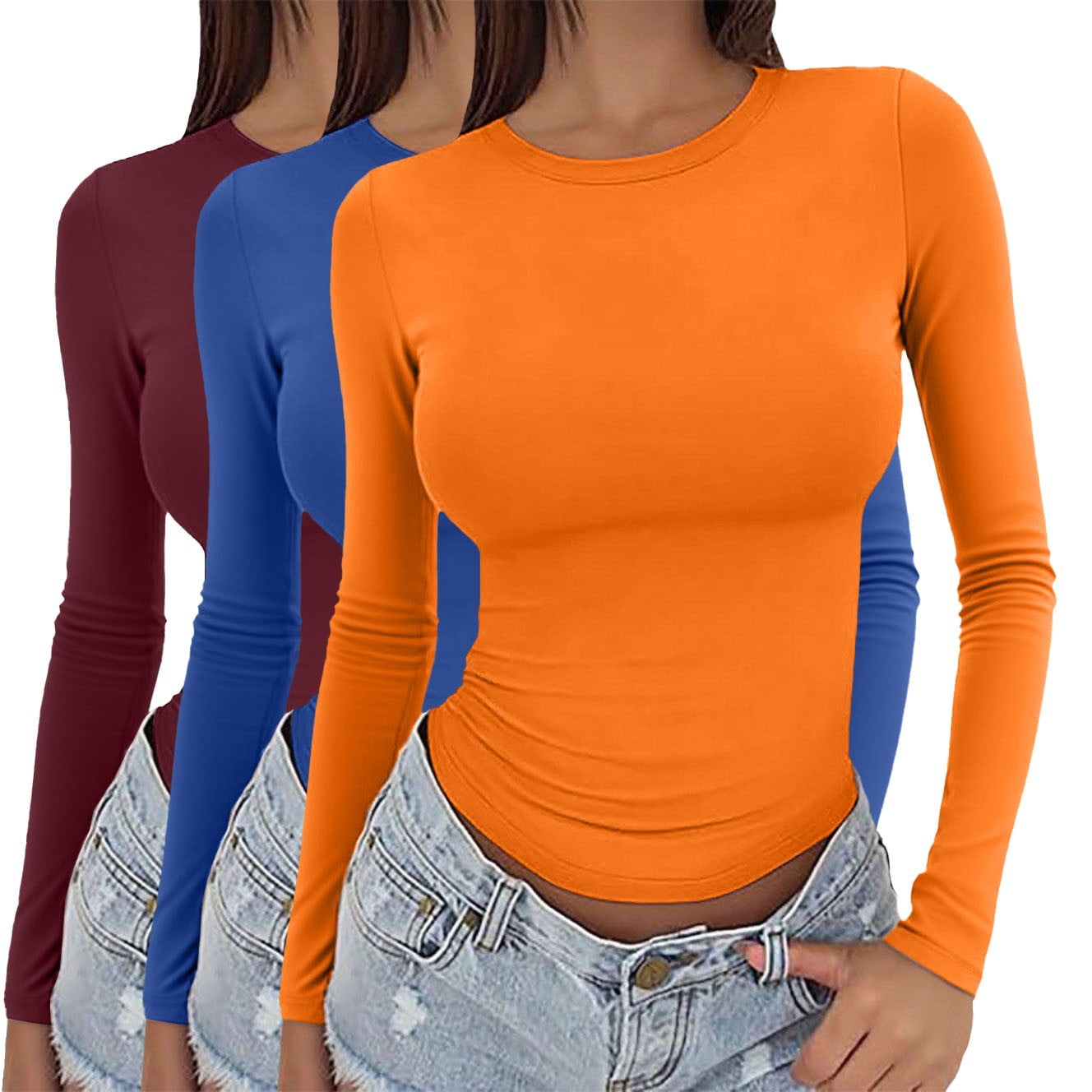 3-Piece Y2k Basic Long Sleeve Crop Top, Round Neck, Slim Fit, Polyester ...