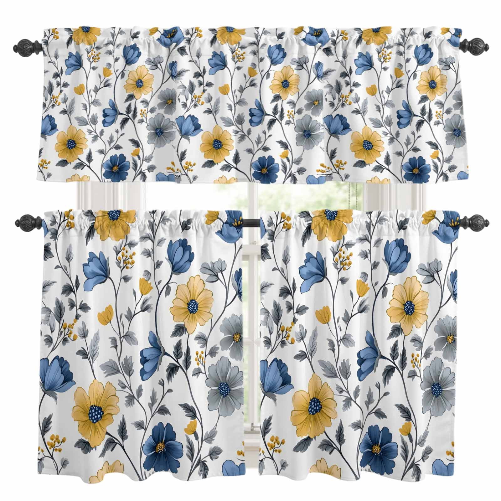 3 Piece Yellow Blue Floral Kitchen Curtain Valance and Tiers Set ...