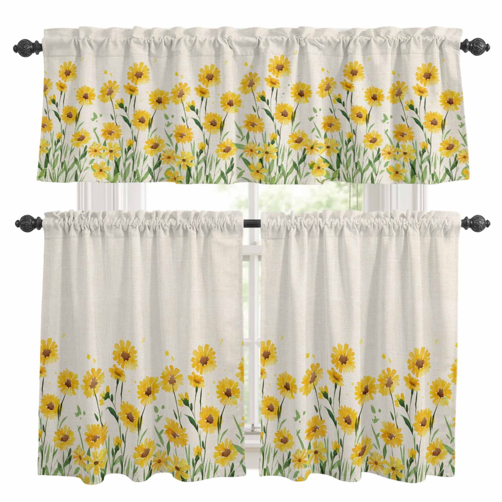 3 Piece Yellow Daisy Kitchen Curtain Valance and Tiers Set Watercolor ...
