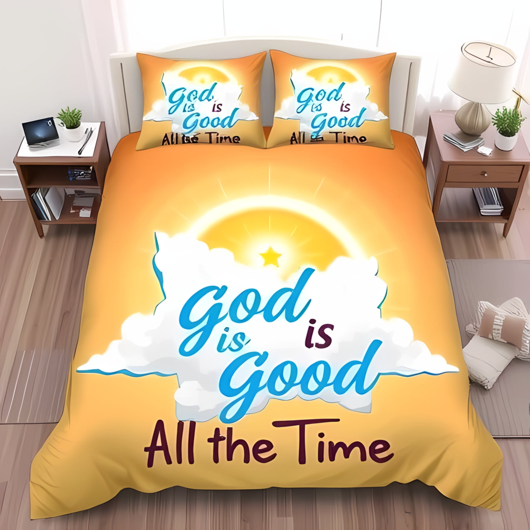 3-Piece Yellow Duvet Cover Set with Cheerful 'God is Good All the Time ...