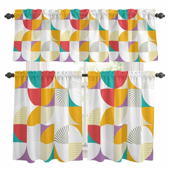 3 Piece Yellow Red Circular Kitchen Curtain Valance and Tiers Set ...
