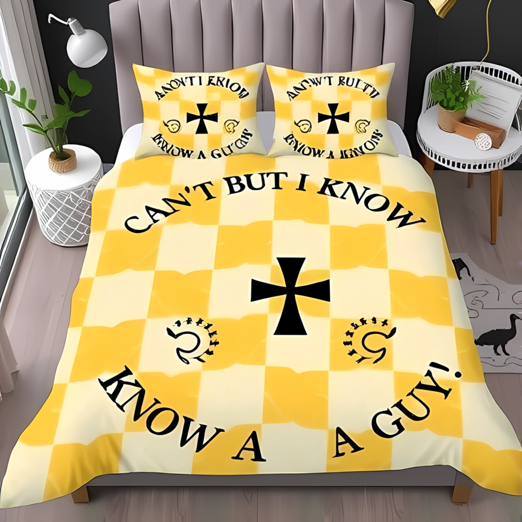 3-Piece Yellow & White Checkered Duvet Cover Set with Bold Black Text ...