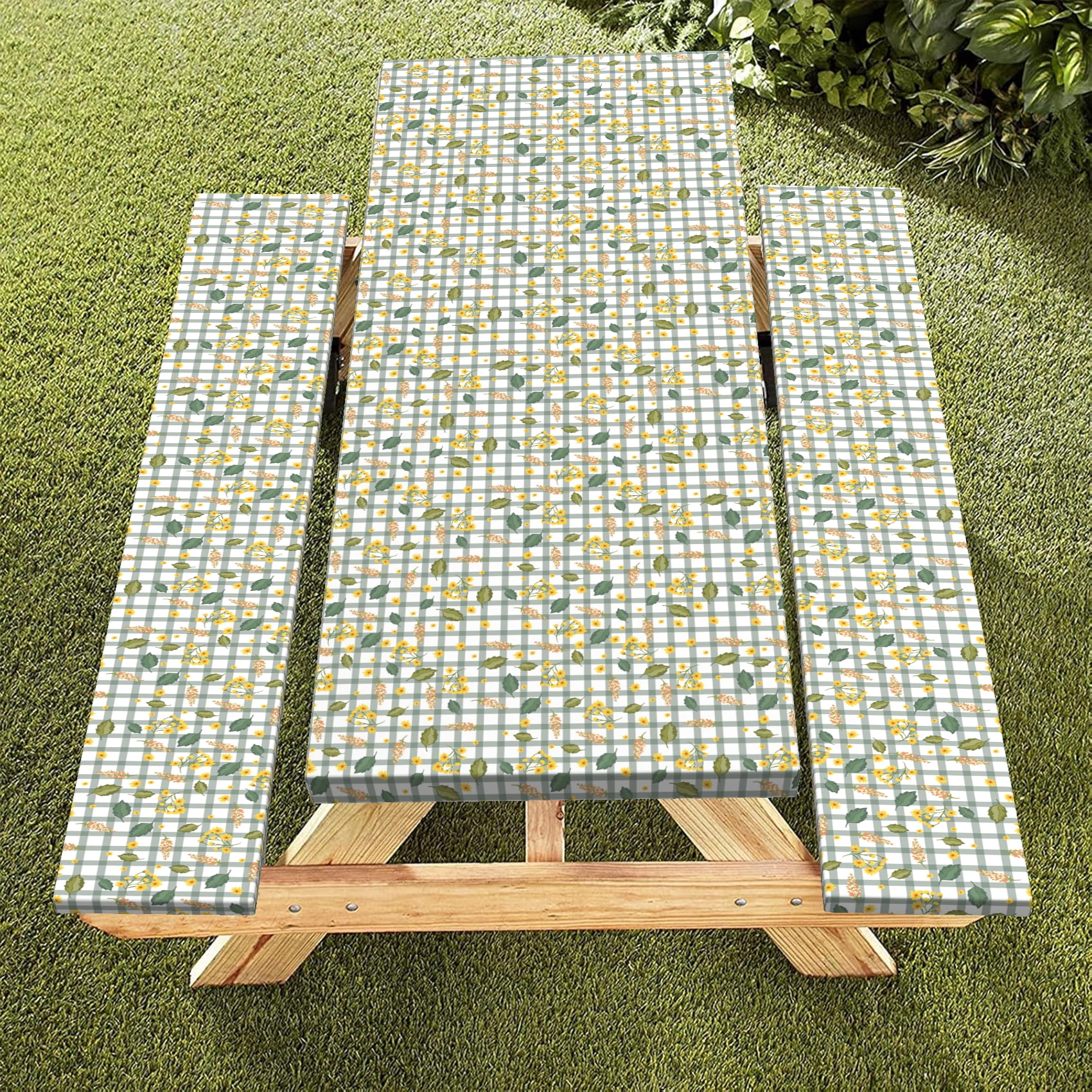 3-Piece Yellow and Green Checkered Table Cover with Bench Covers ...