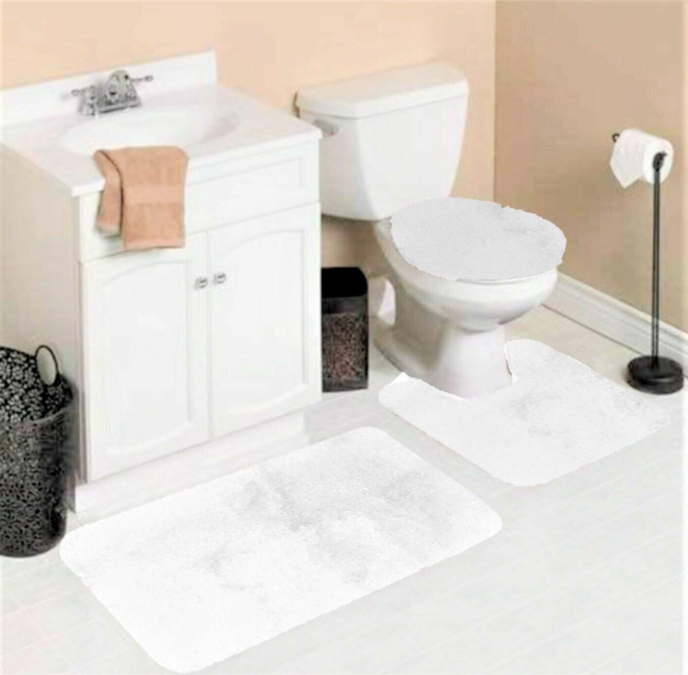 3-Piece set #6 White Bathroom Bath Mat Set 1 Contour Mat, 1 Lid Toilet ...