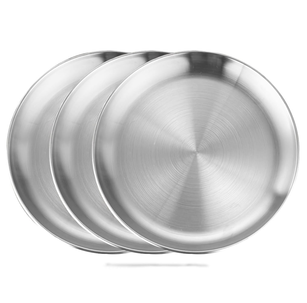 3 Pieces 10.2inch Stainless Steel Round Plate, Metal Camping Plates ...