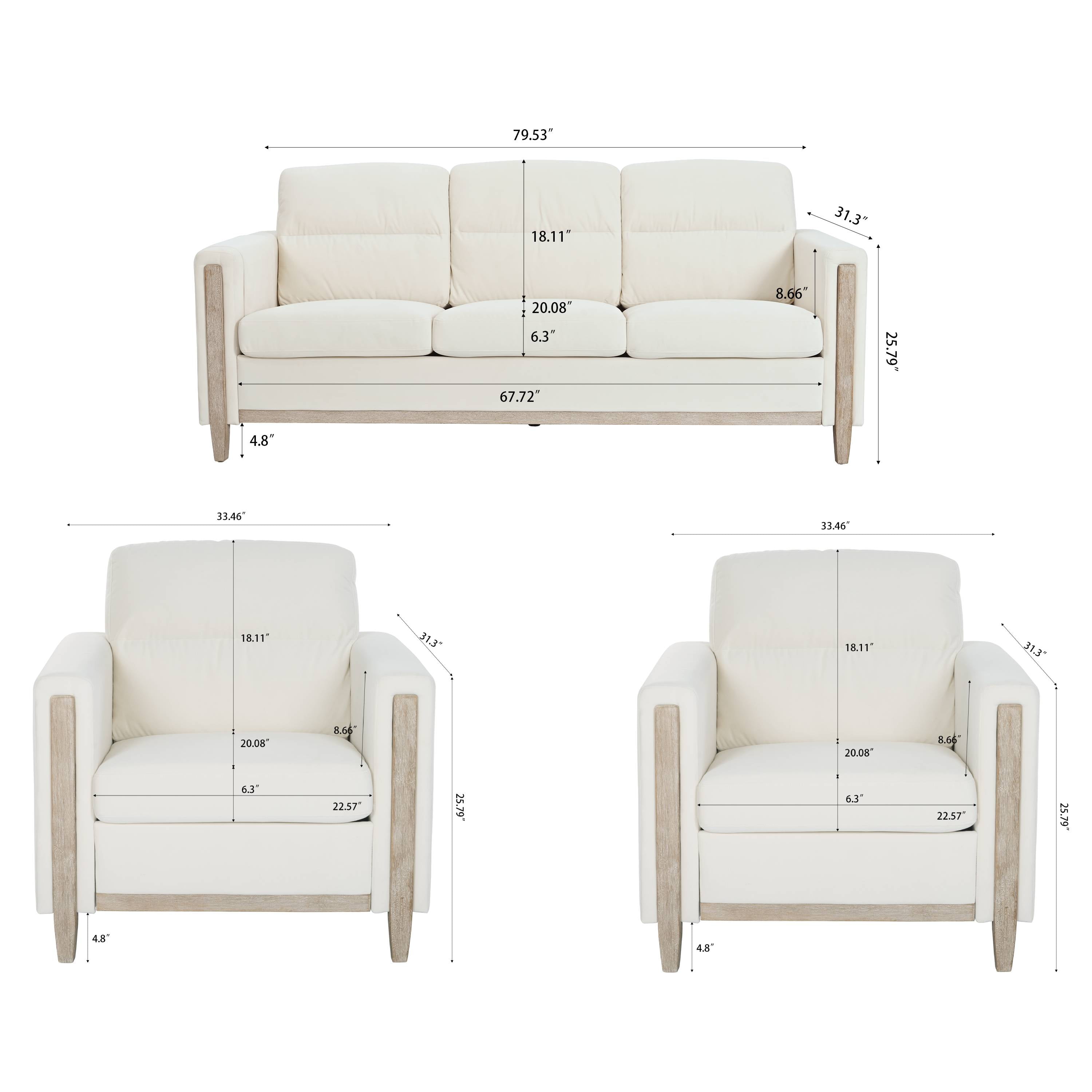 3 Pieces 100% Polyester Sofa Set, Upholstered Modular Couch with Rubber ...