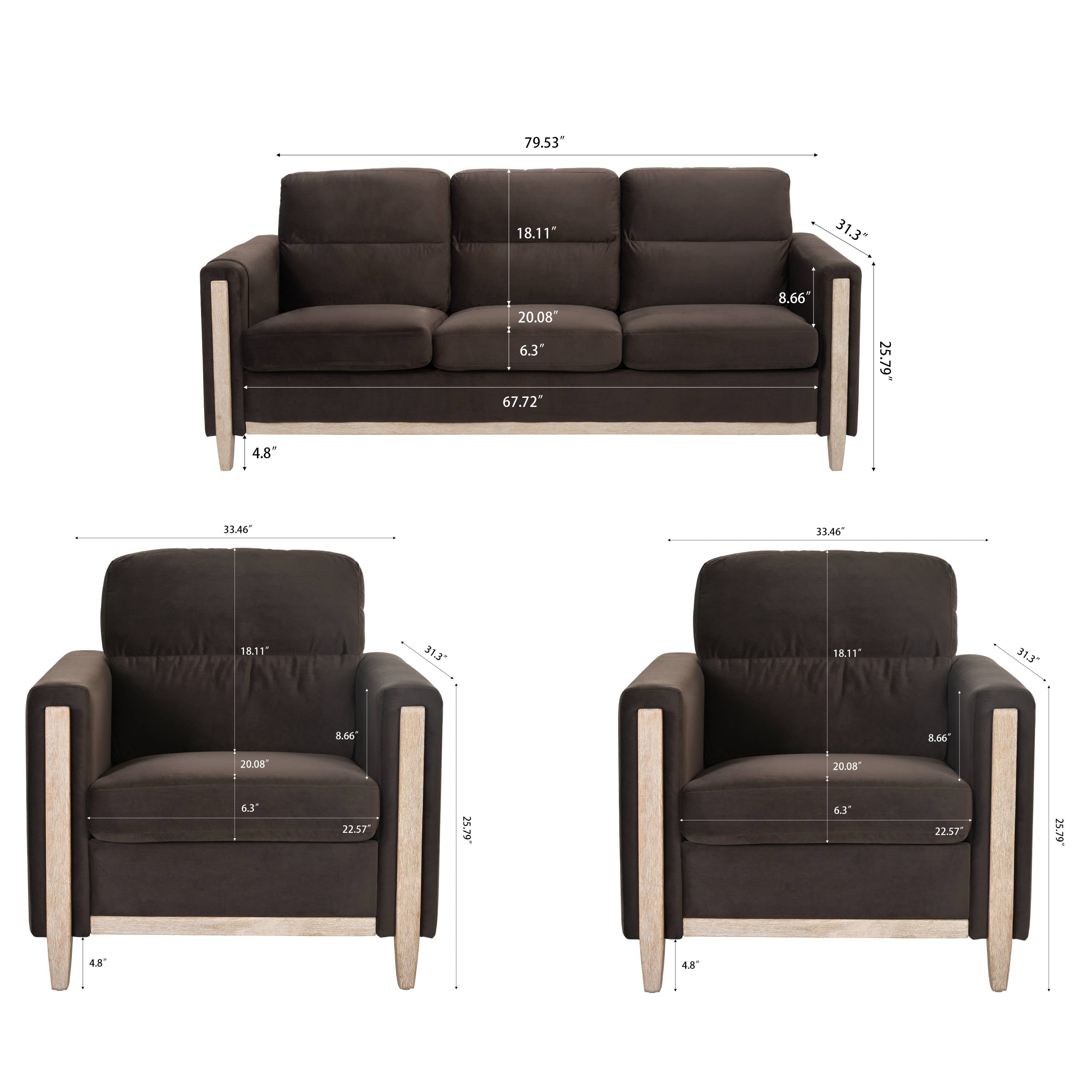 3 Pieces 100% Polyester Sofa Set, Upholstered Modular Couch with Rubber ...