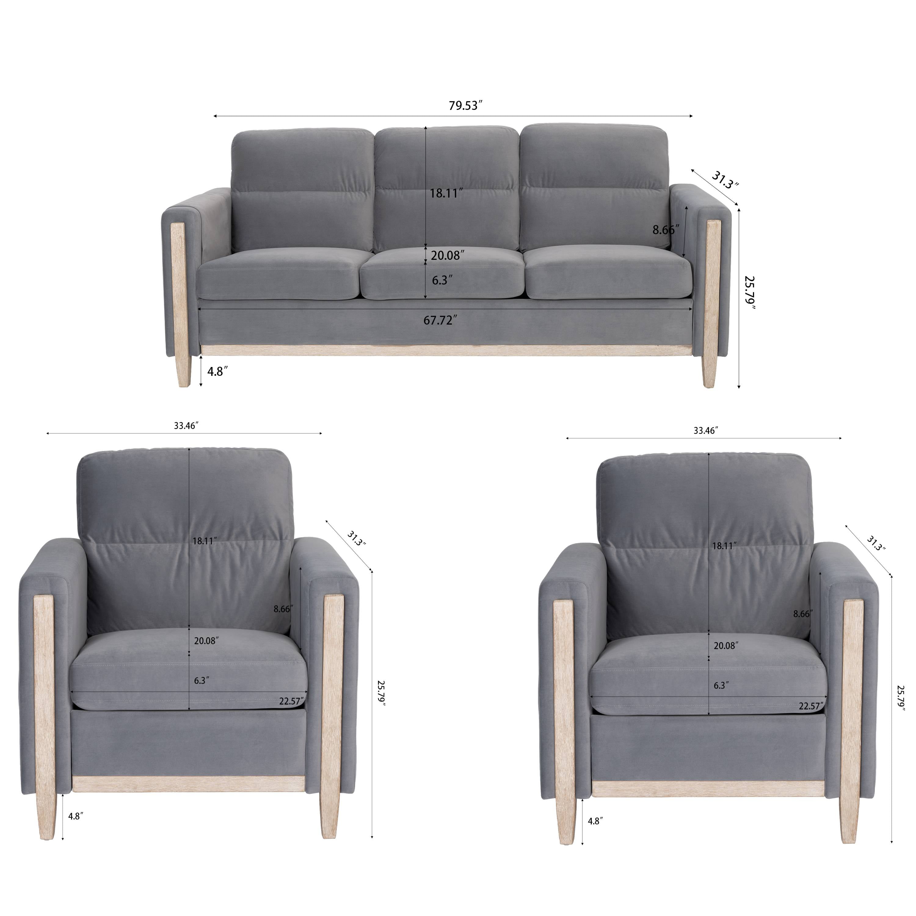 3 Pieces 100% Polyester Sofa Set, Upholstered Modular Couch with Rubber ...