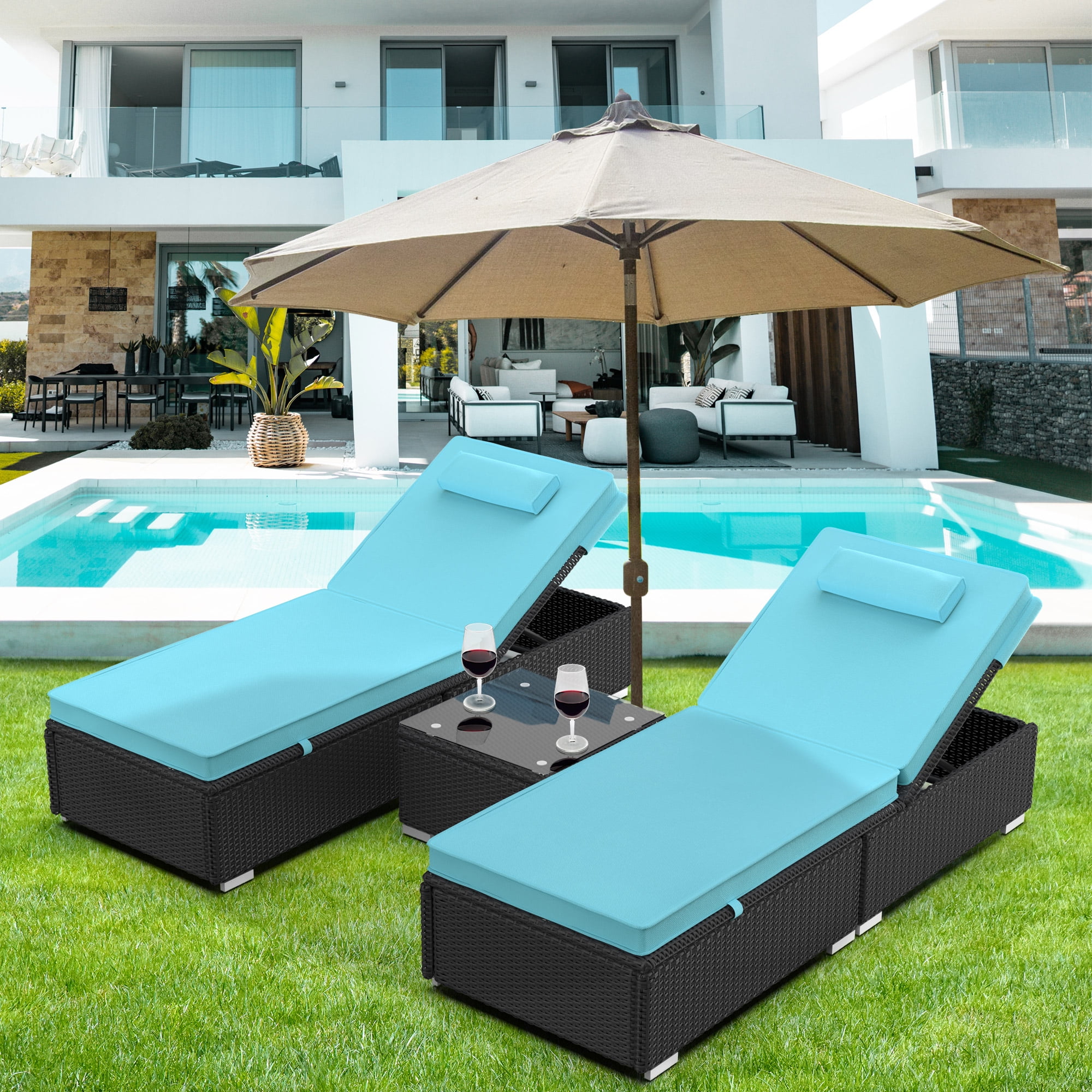 3pc Rattan Patio Lounge Set, 5-Position Chairs, 2 Pillows, Coffee Table ...